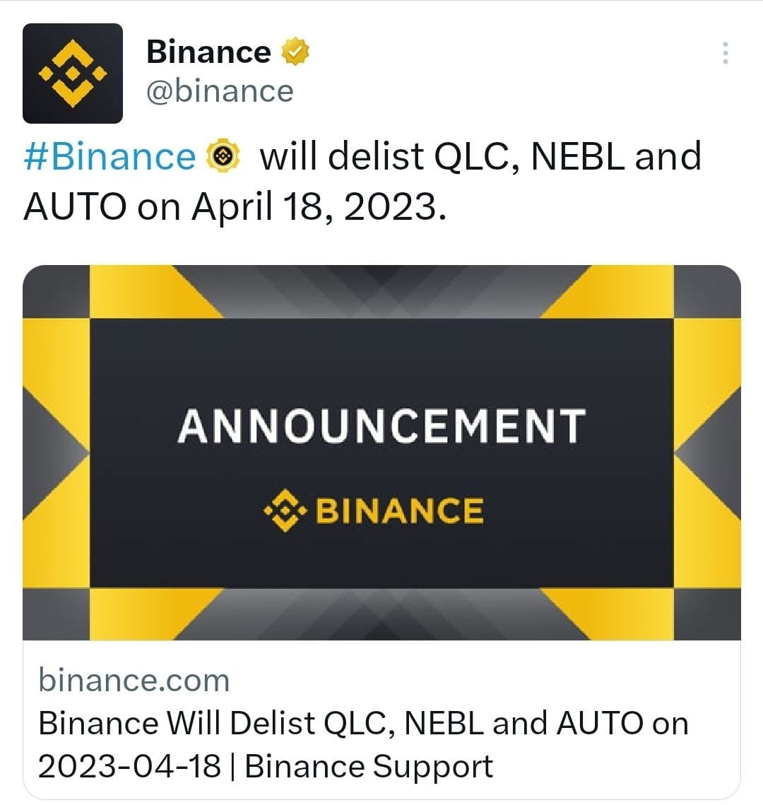 Binance Will Delist QLC, NEBL and AUTO on 2023-04-18 | Crypto Trust Community on Binance Square