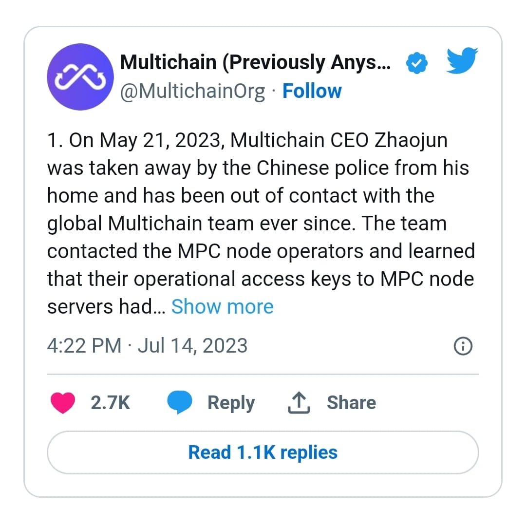 Multichain Shuts Down as CEO Detained: Alleged $220 Million Fund Movement by CEO’s Sister ...