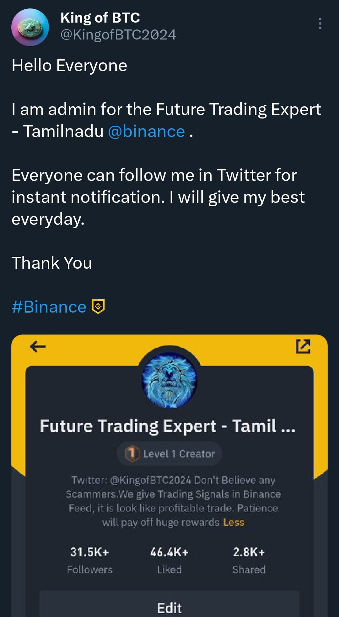 Hello Everyone Our Analyse will be post on Twitter also . | King of BTC ...
