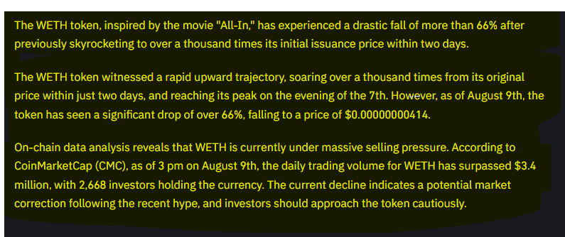 WETH Token Plummets by Over 66% After Skyrocketing Success | Crypto PM ...