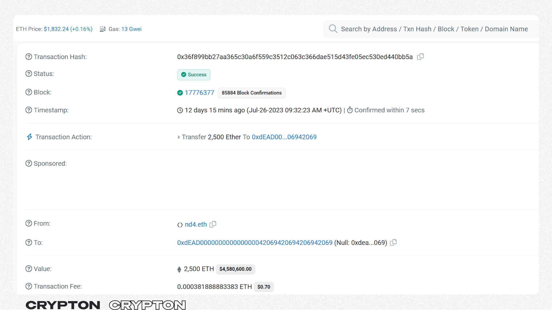 🔥 User burned $4.5 million On July 26, nd4.eth sent 2,500 | CRYPTON on ...