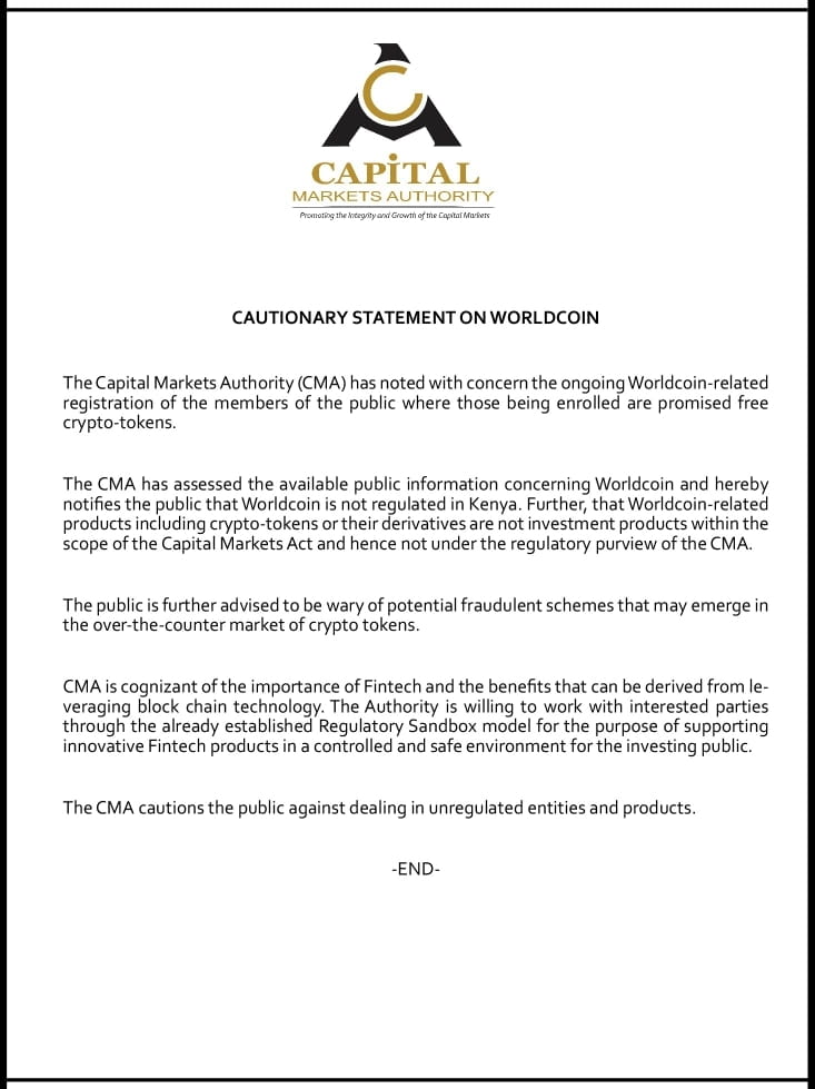 CAUTIONARY STATEMENT ON #WORLDCOIN BY THE CAPITAL MARKETS ...