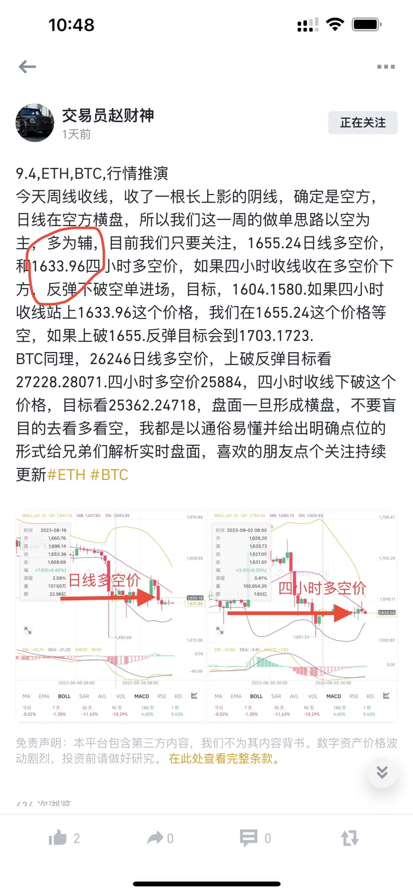 9.5ETH, BTC market deduction Yesterday I said in the deducti | 交易员赵财神 ...