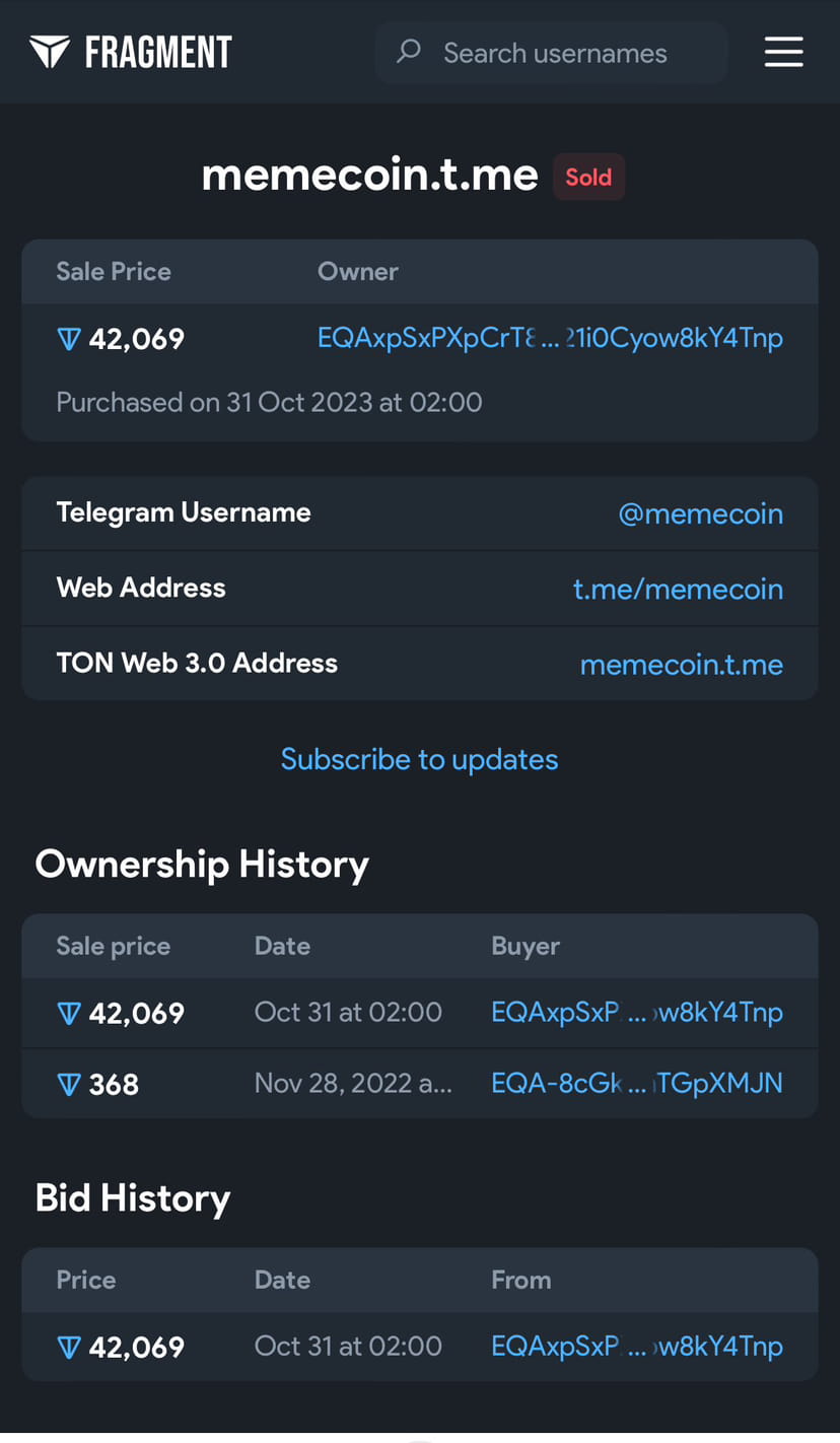 MEME TEAM Buys Telegram Username Today for 42,069 TON Worth | Crypto Master Community on Binance ...