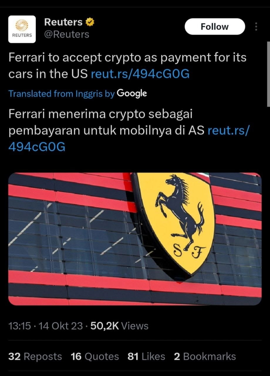 Ferrari accepts crypto as payment for its cars in the United | Aris on ...