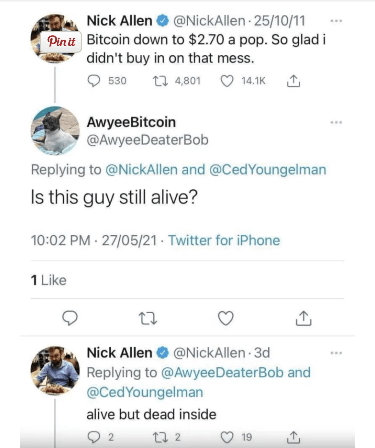 💫BITCOIN PRICE UP 1.6 MILLION PERCENT SINCE INFAMOUS ALLEN 'MESS' TWEET ...