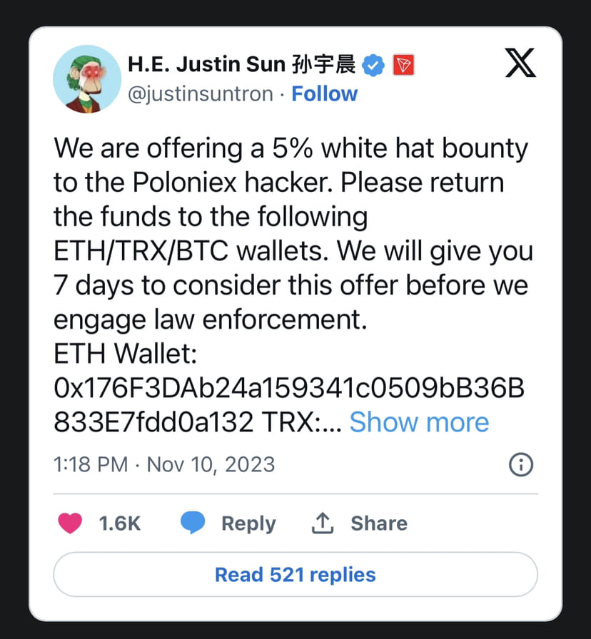 We are offering a 5% white hat bounty to the Poloniex | X mucaN on ...