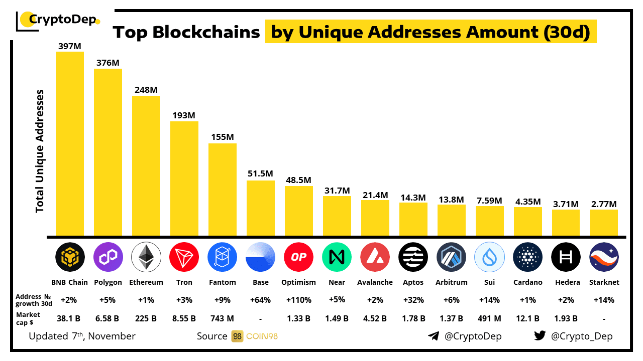 ⚡ Top Blockchains by Unique Addresses Amount in Last 30 Days ...