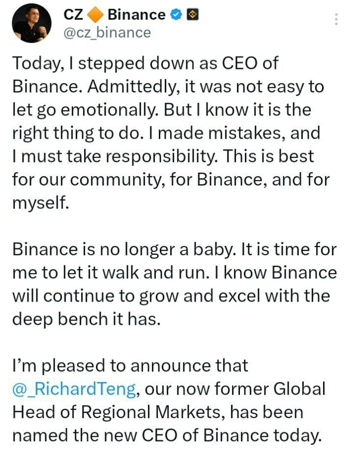 CZ is No More CEO of #Binance Now #cz_binance Official An | edbitcrypto ...