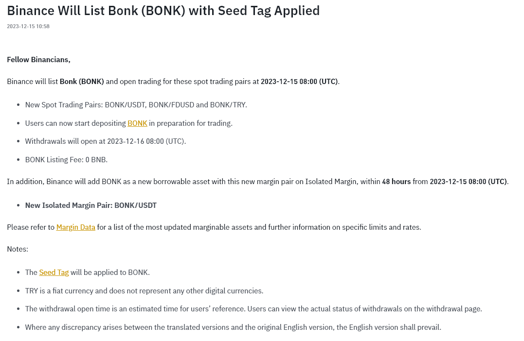 pay attention Binance announced the listing of Bonk (BO | TH ...