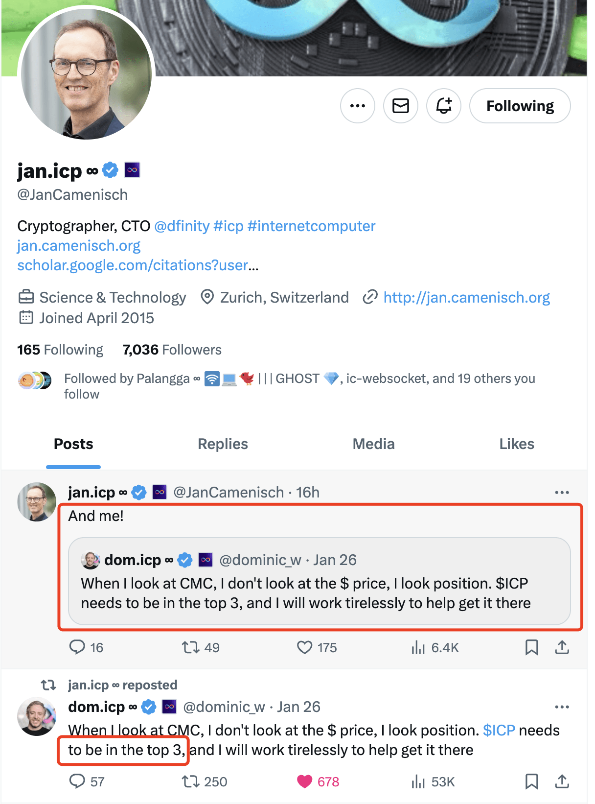 ICP CEO（也就是首席科学家）和CTO的共同目标，Top 3。两人合作多年，为了一个共同的目标。 | 囤BTC投ICP发布于币安广场