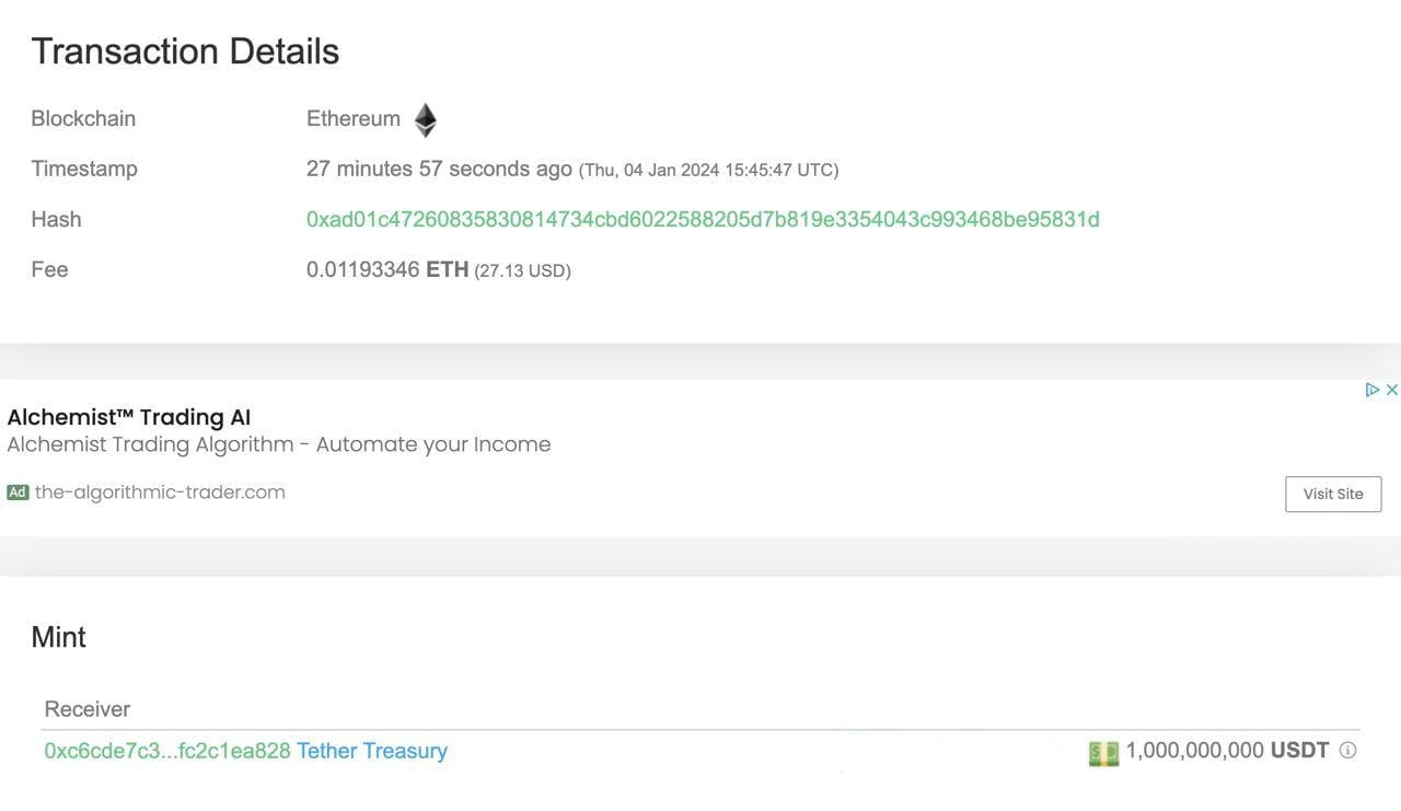 Tether printed another 1 billion #USDT #UFO #Tether | The account was ...