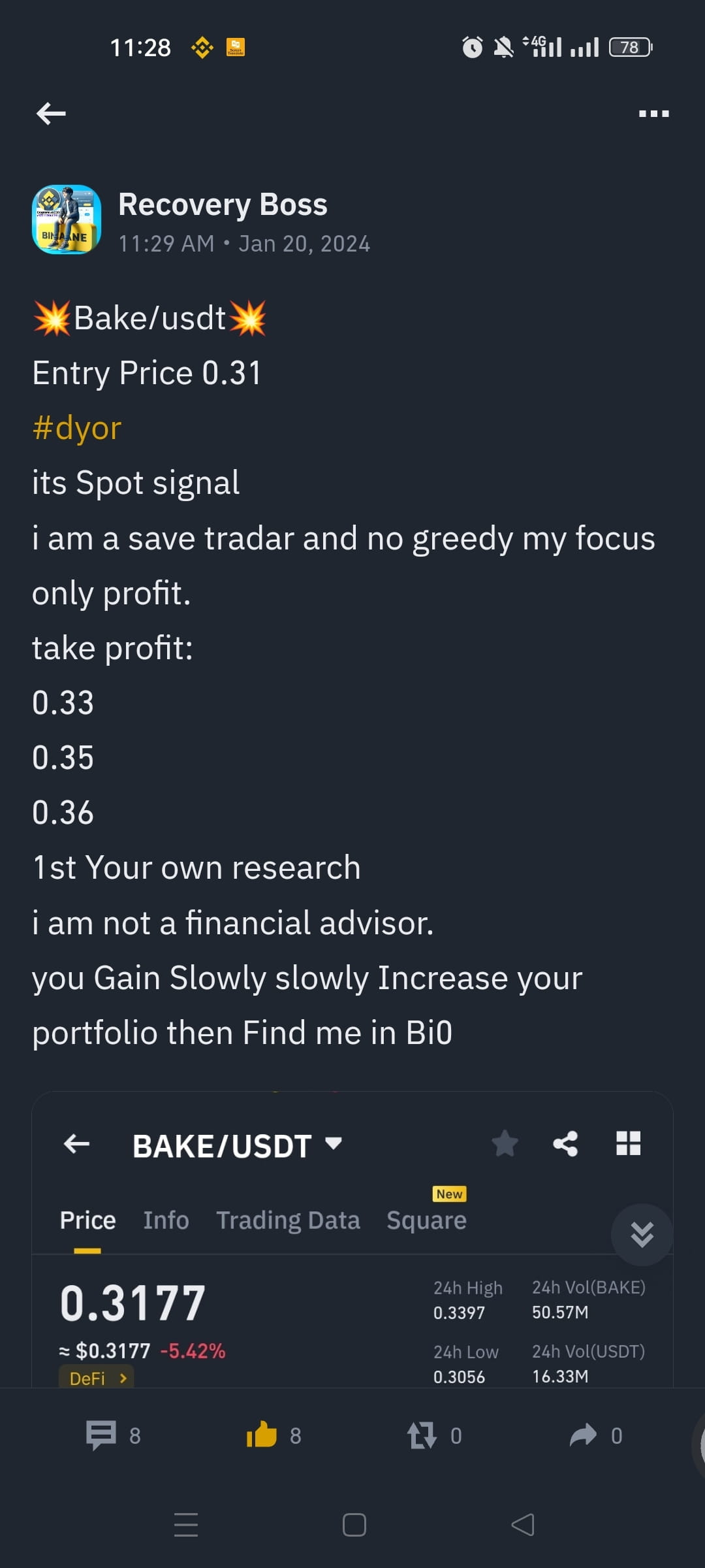 💥Bake/usdt Boom Hit 6% in spot💥 #dyor bake 1st tp hit in 6 | Recovery Boss on Binance Square