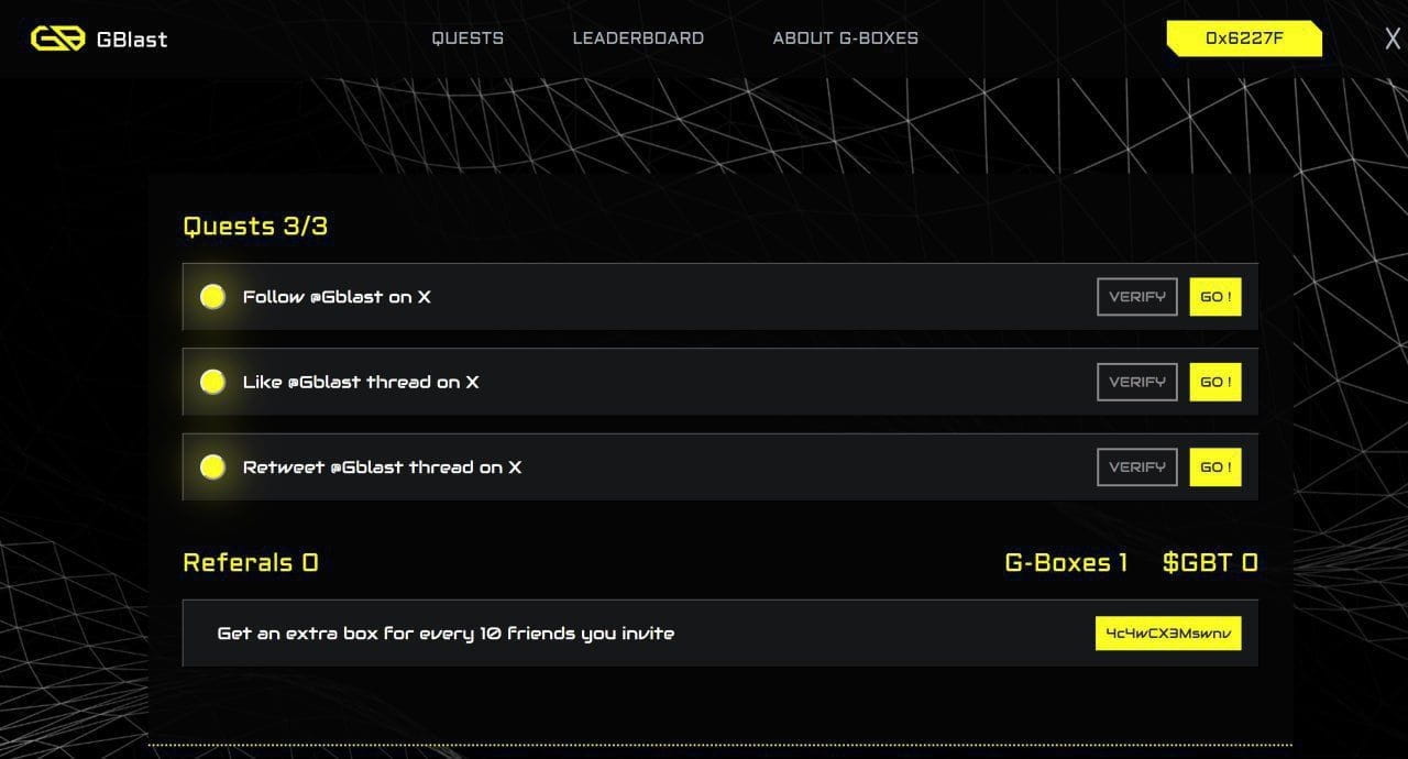 G-Boxes Blast Airdrop GBT Link: https://gblast.gg/quests?r | AirdropsNews on Binance Square