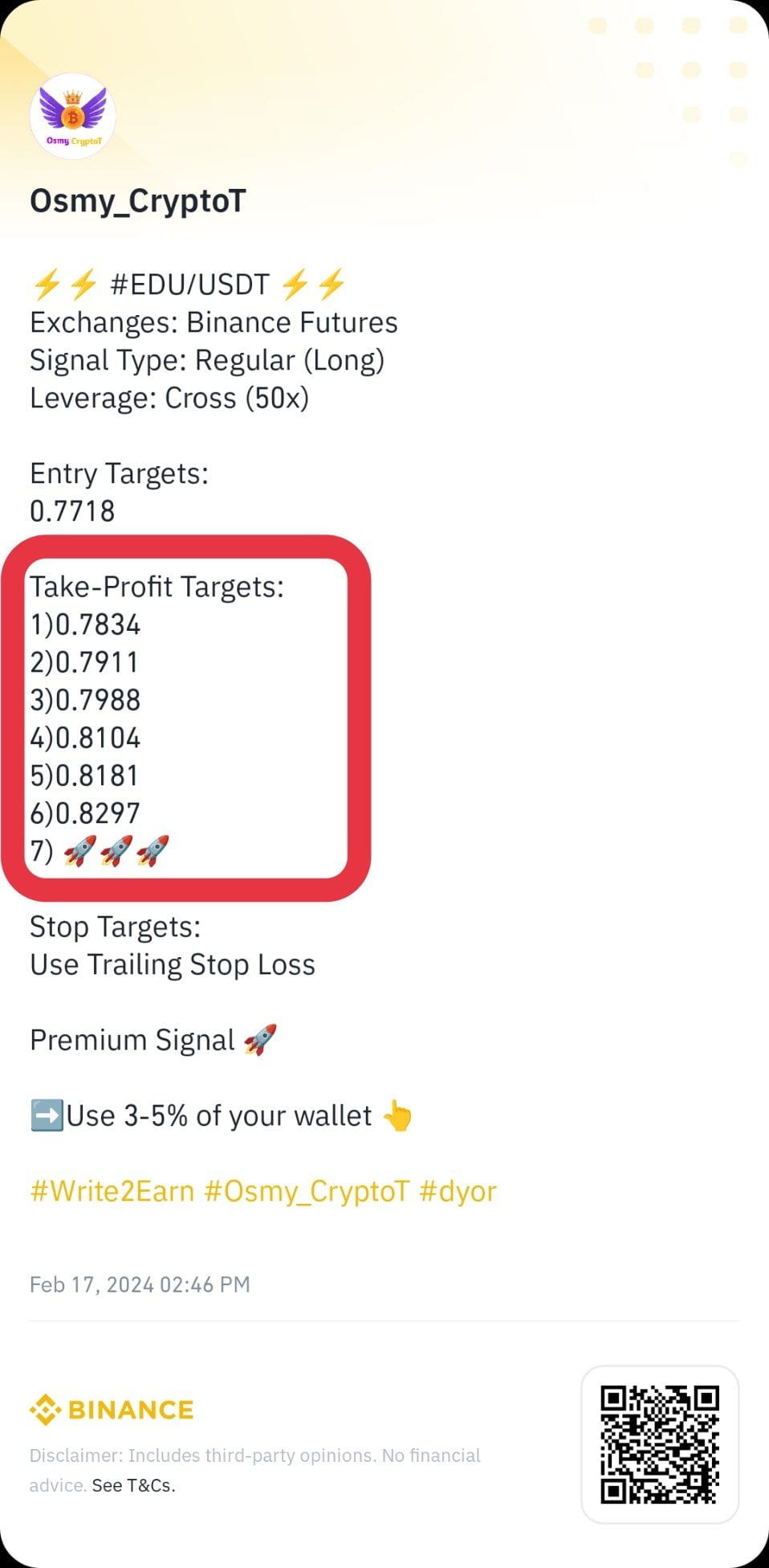 COIN: #EDU/USDT (50x) Direction: LONG 📈 #EDU/USDT Take-P | Osmy_CryptoT on Binance Square