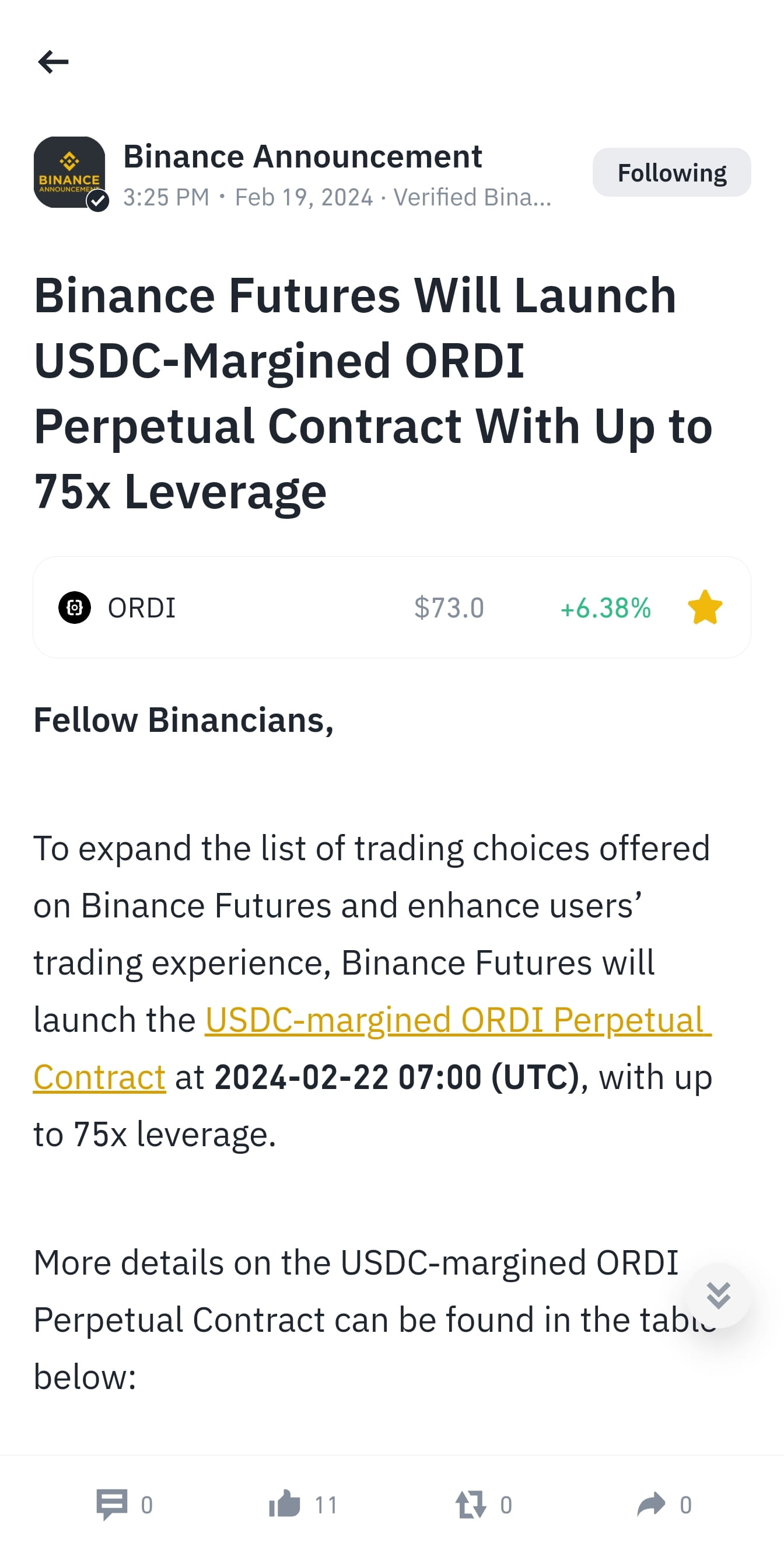 $BTC $ORDI $ETH Binance will launch the USDC-ORDI perpetua | ORDI小饼拿到大结局-暴富 on Binance Square
