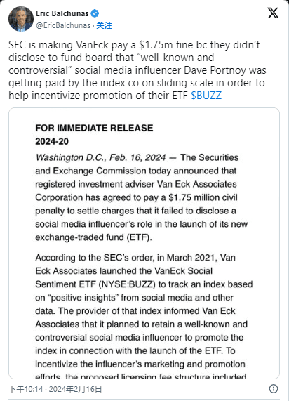 Van Eck fined $1.75 million by SEC for influencer role in ETF launch ...