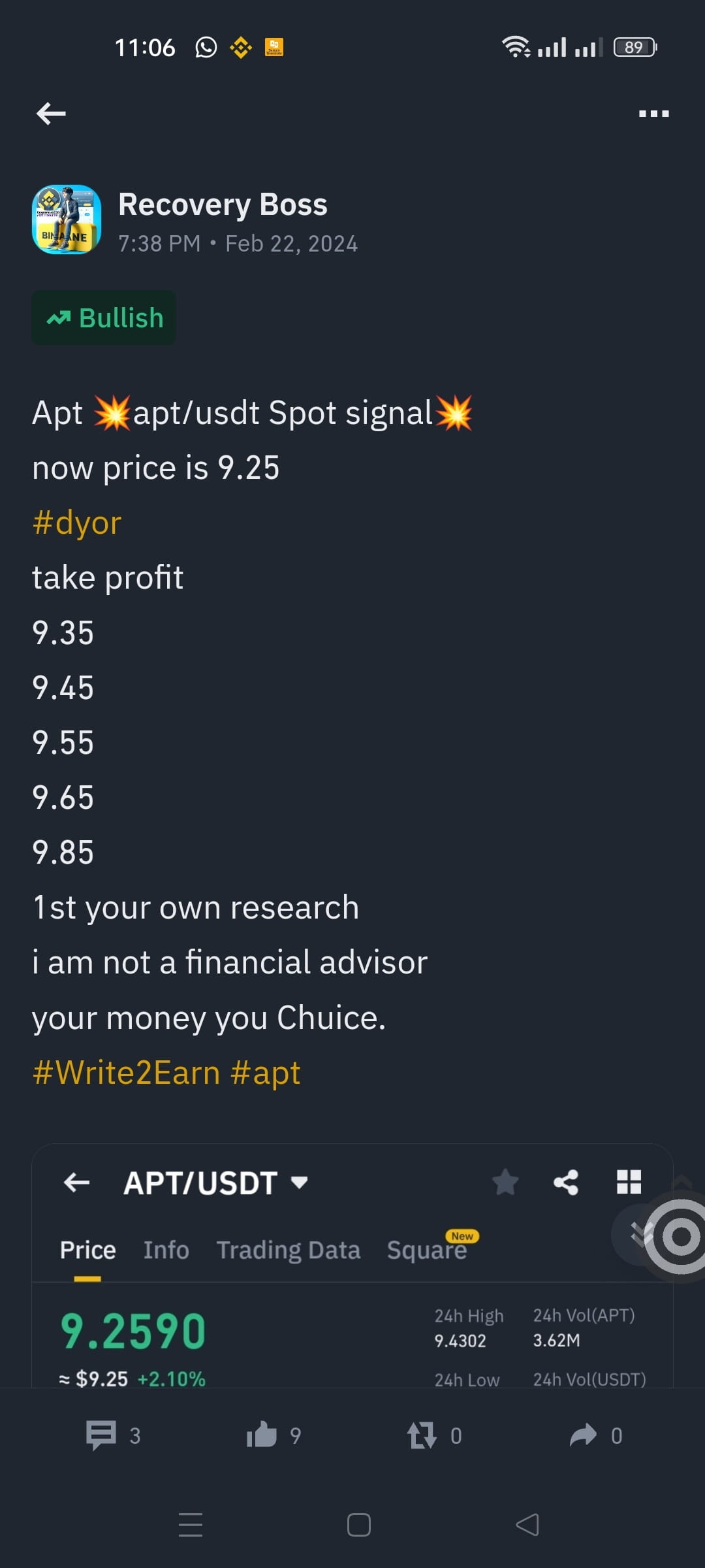💥Apt/usdt💥 hit 2tp next Target pending. Small holding sma | Recovery_Boss on Binance Square