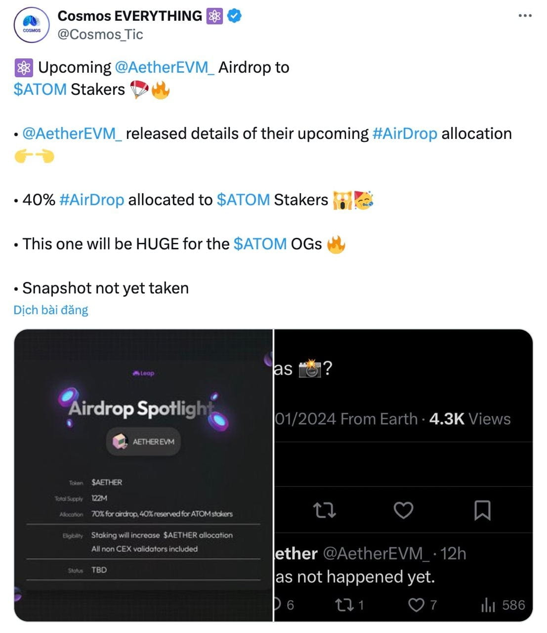 🎈Staker 💵ATOM will receive#Airdropof Aether project tokens | Nghien ...