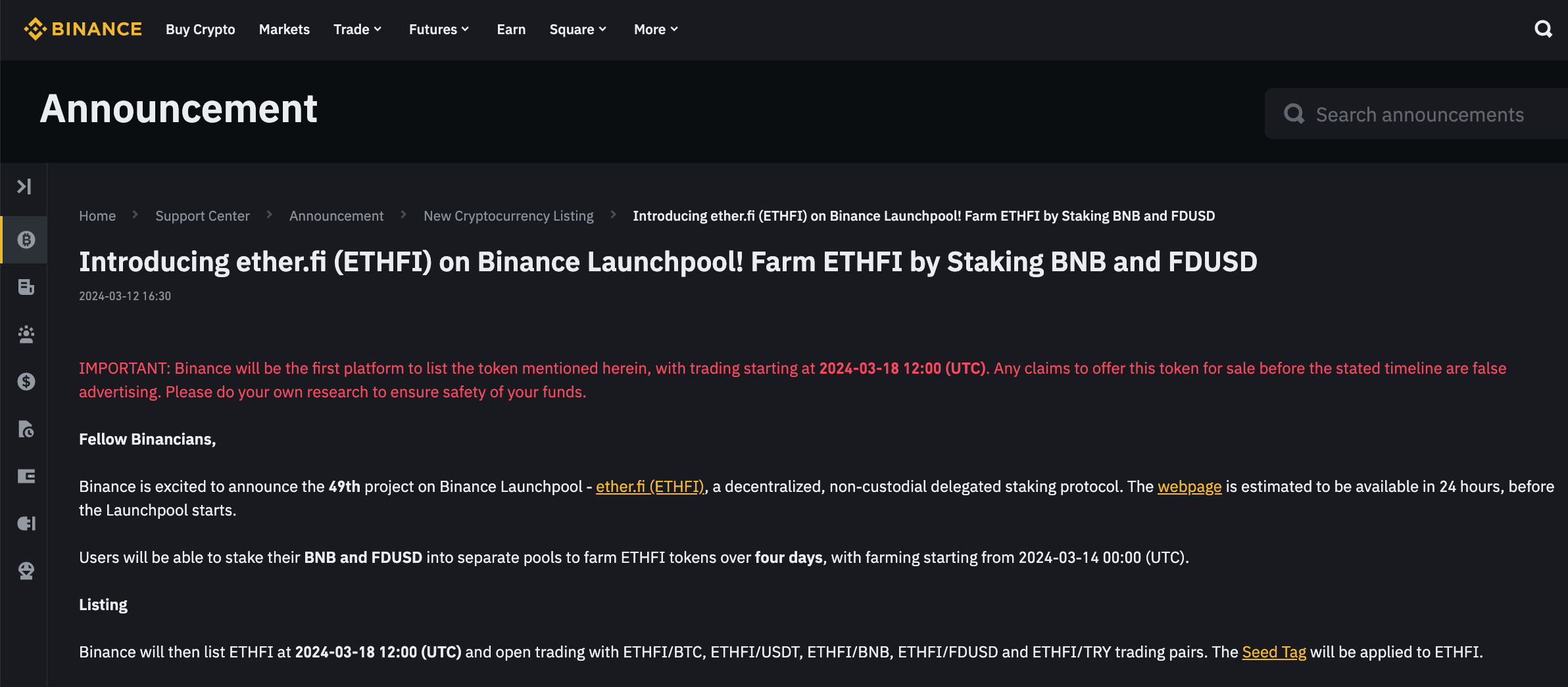 Binance is launching a new Binance Launchpool - for the ETHF | Proekt_73 on Binance Square
