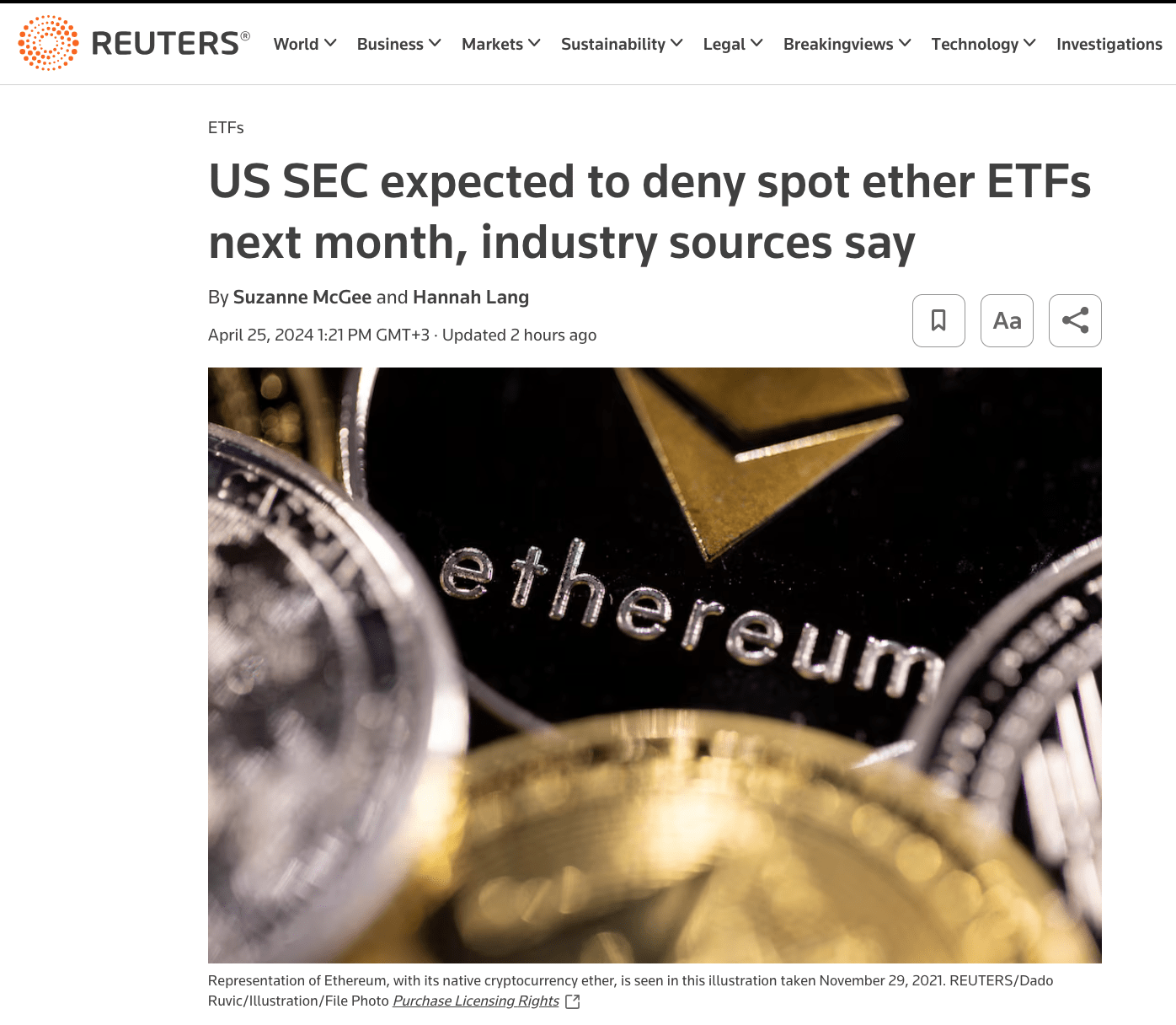 The US SEC will not approve spot Ehereum ETFs in May, accord | Proekt ...