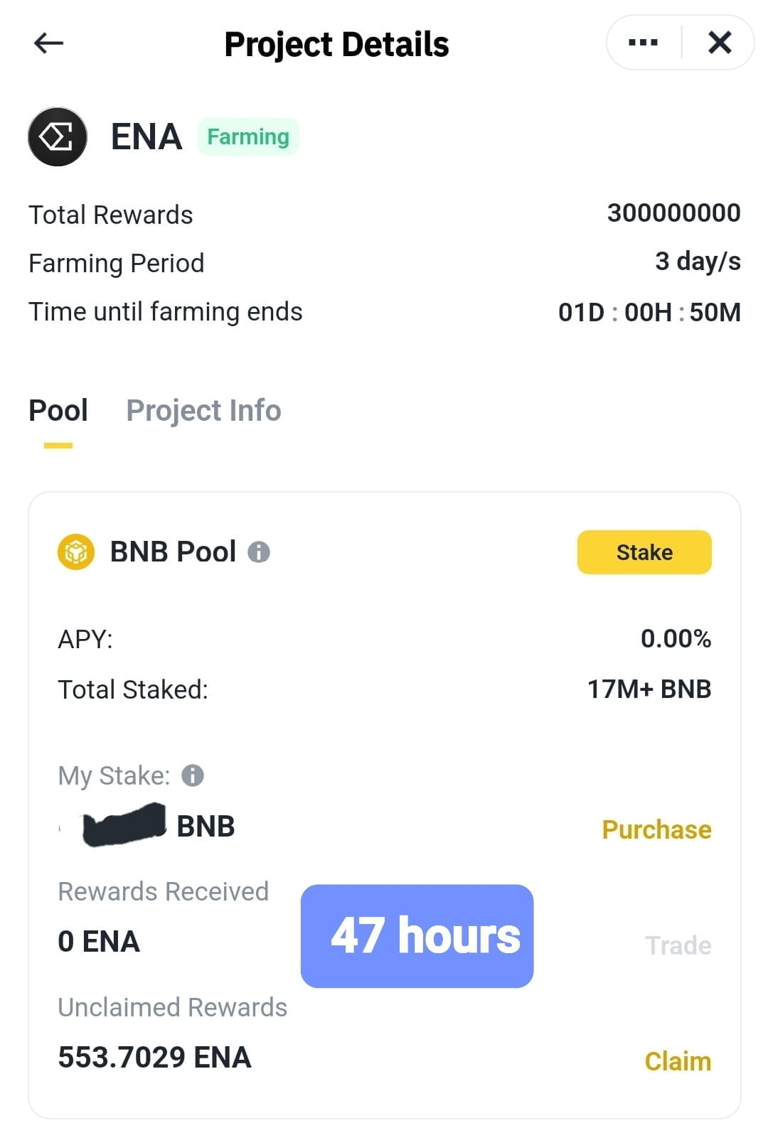 invested BNB. After 47 hours, I received 553 ENA. Hourly ...