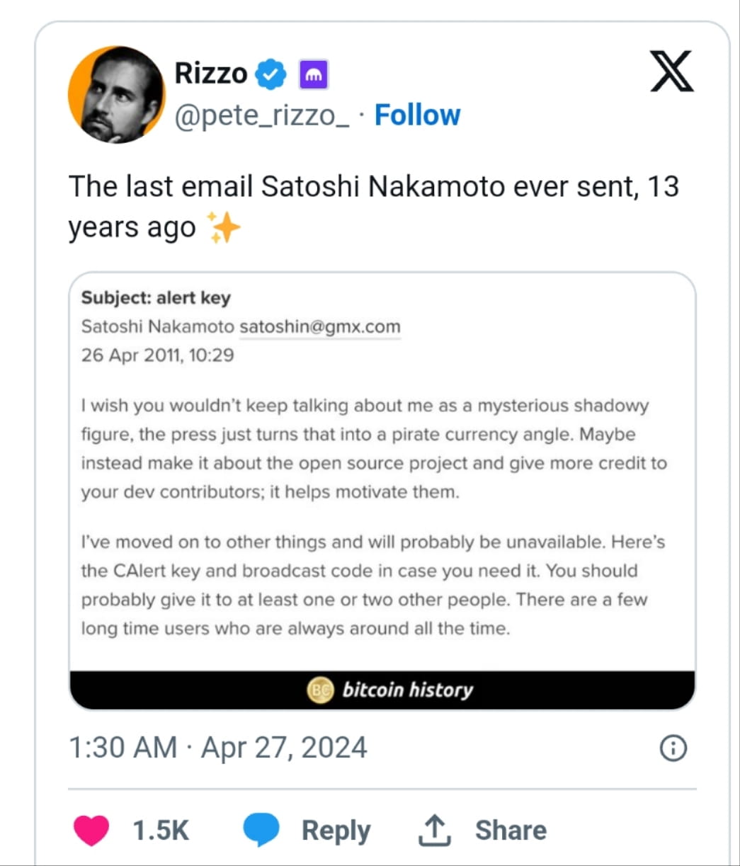 BTC creator Satoshi Nakamoto's last words revealed Thirteen | Elida ...