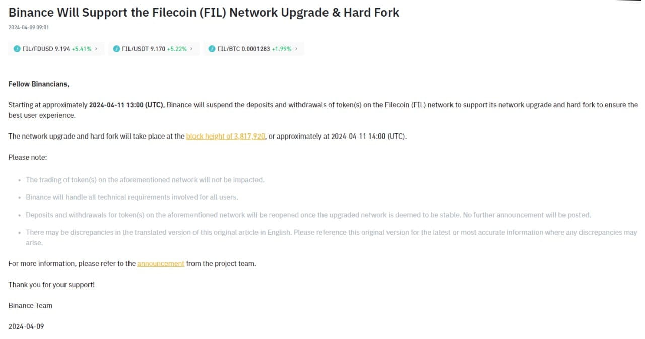 💵 Binance will support Filecoin (FIL) network upgrade and h | Nghien ...