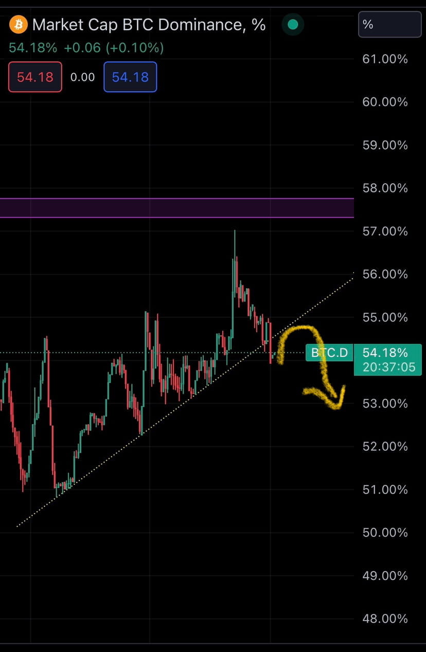 BTC.D (Bitcoin Dominance) has broken the support trendline. | Meme_Big ...