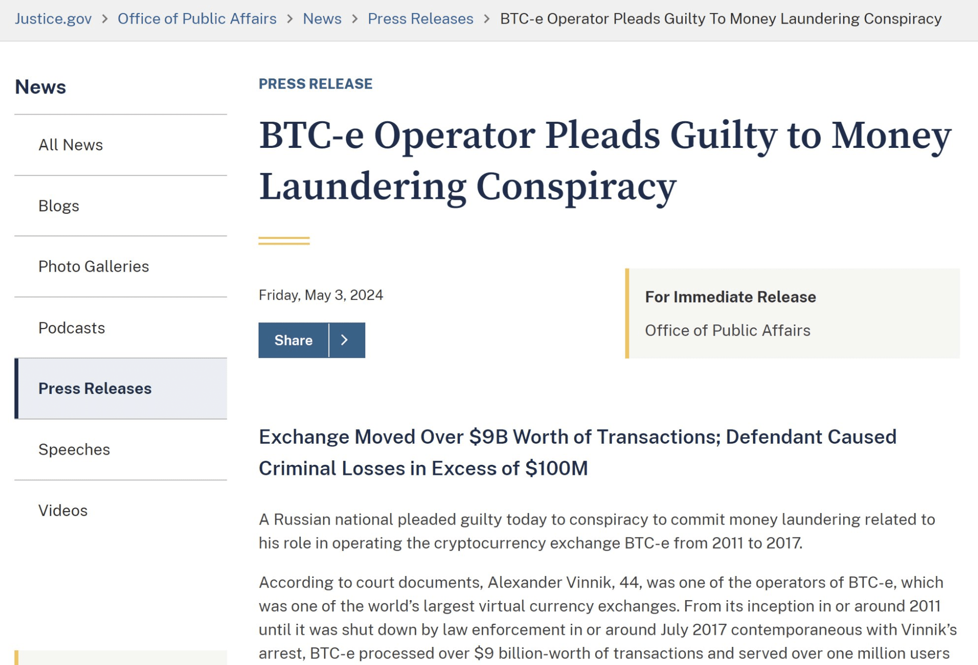 🚨🚨🚨BTC-e exchange founder sentenced and pleaded guilty 👀 | 链狱 on ...
