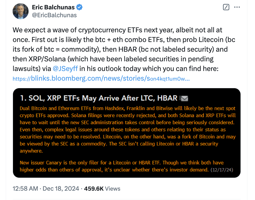 Bloomberg Analyst: LTC and HBAR ETFs may be approved first, SOL and XRP have legal issues to ...