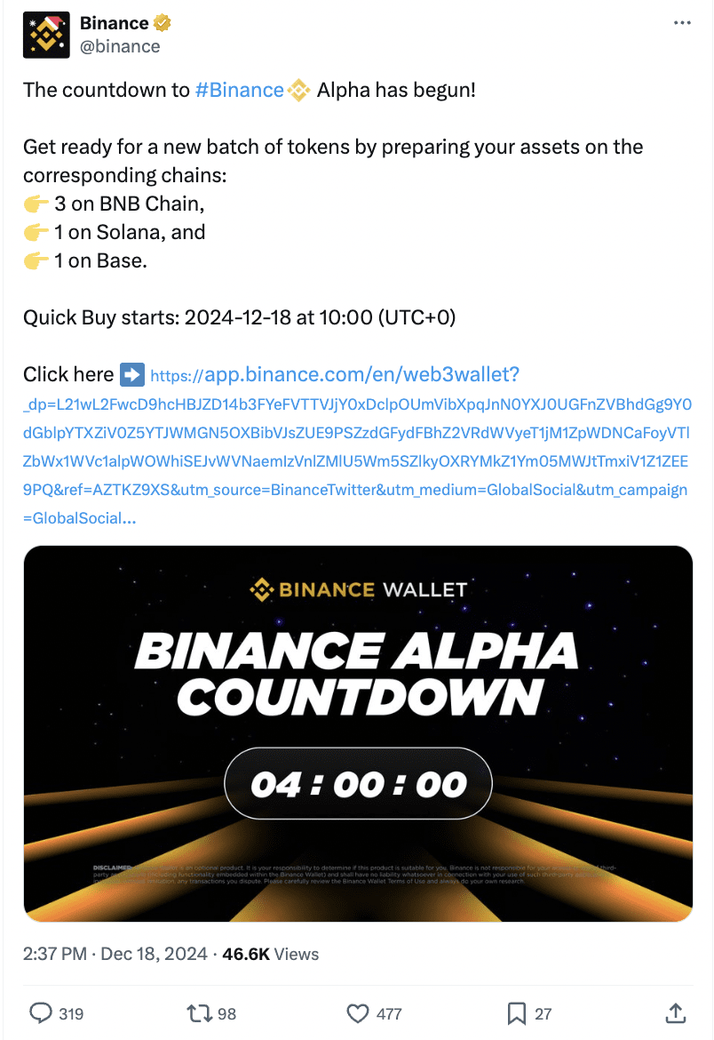 Binance Alpha will announce the first 5 projects today at 18:00 East Eight Time | Binance News ...