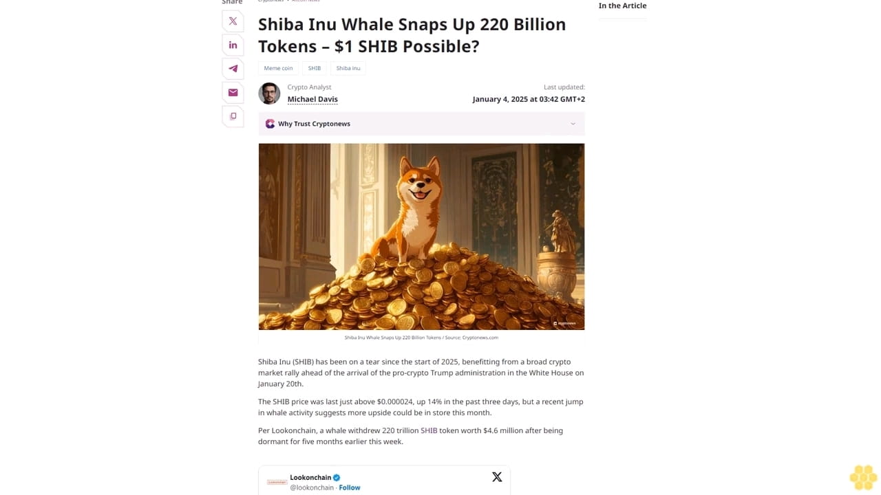 Shiba Inu Whale Snaps Up 220 Billion Tokens – $1 SHIB Possible? | Chainbase on Binance Square