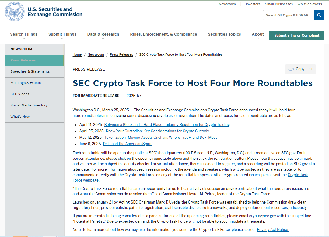 💥SEC重磅宣布：将举行4场加密圆桌会议，重点涉及交易、托管、代币化和 DeFi 最新消息显示，美国证券交易委员会 | 奔跑财经-FinaceRun发布于币安广场