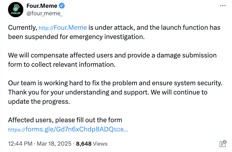 Four.Meme Tạm Ngừng Tính Năng Ra Mắt và Cung Cấp Bồi Thường Cho Người ...