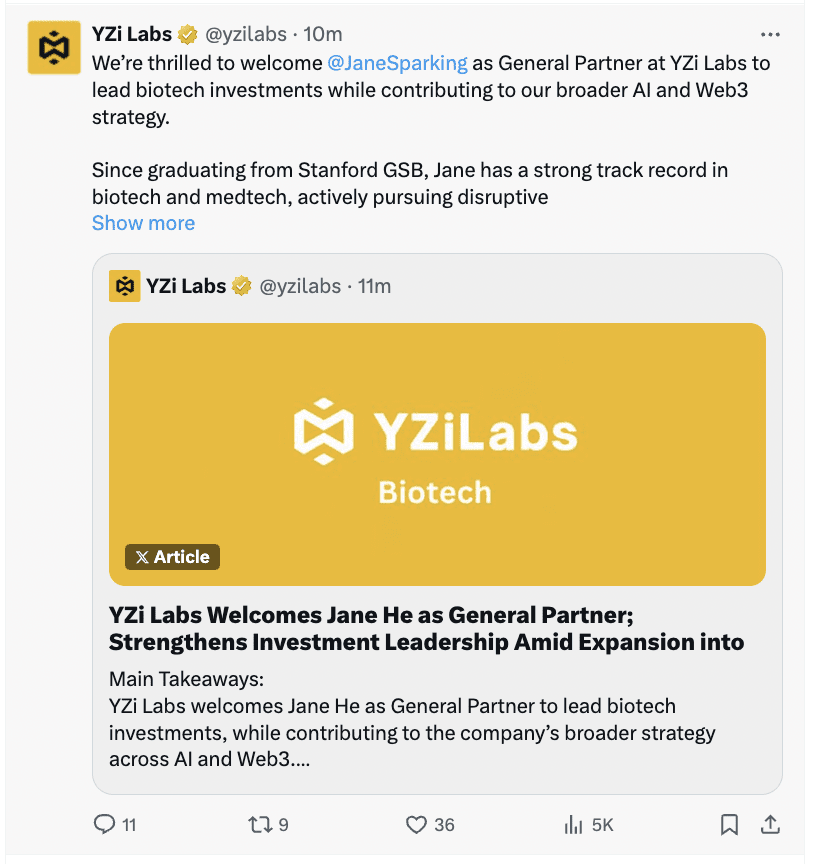 YZi Labs宣布Jane He成为普通合伙人，领导生物科技投资 | Binance News发布于币安广场