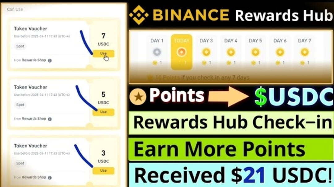 Binance Rewards Hub Daily Check-In || Points to USDC Voucher || How to Earn More Points ...