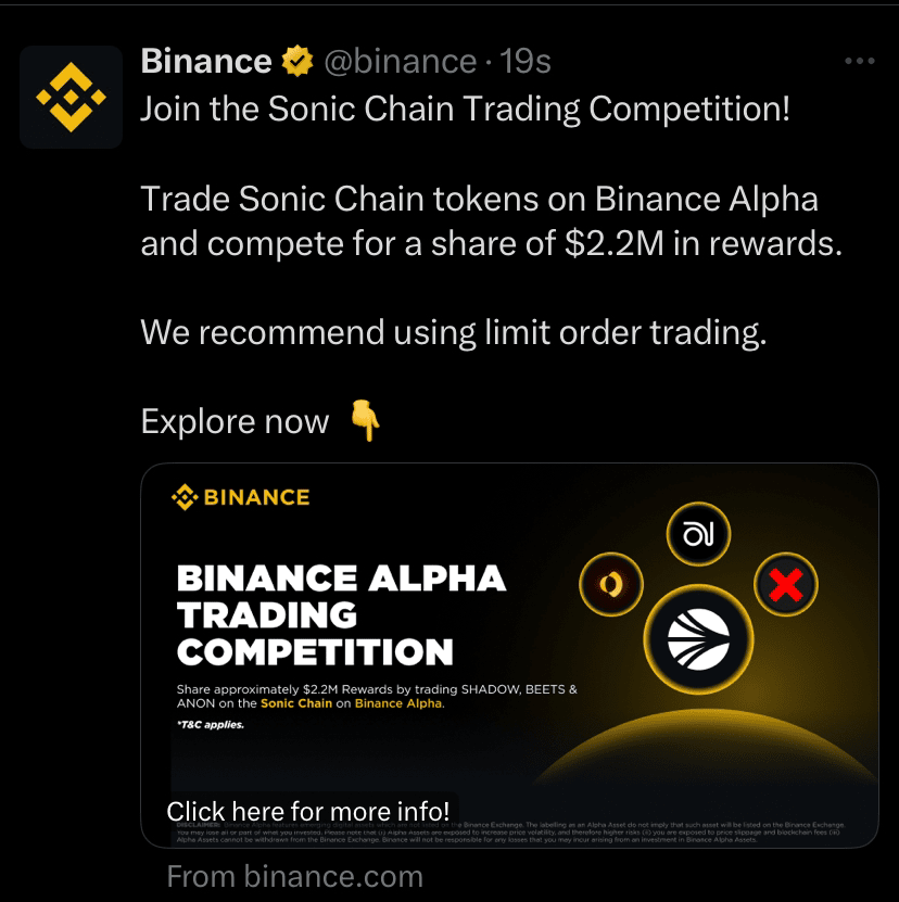 Update on Binance 🌴 Join the Sonic Chain Trading Competiti | X mucaN on Binance Square