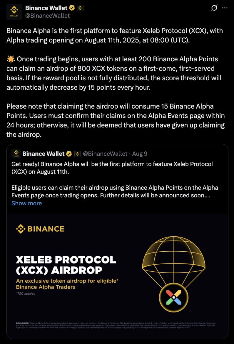Binance Alpha Sets 200-Point Threshold for XCX Airdrop Claim, Trading ...