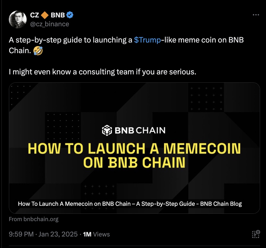 CZ chia sẻ hướng dẫn từng bước để phát hành đồng tiền meme giống Trump trên BNB Chain | Binance ...
