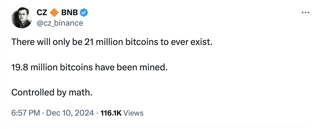 CZ：BTC总量2100万，已产出1980万枚，价值可贵 | Binance News发布于币安广场