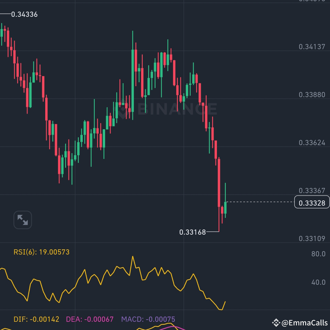 🚨 $DOGE /USDT DROPS TO $0.33328 – Rebound or Deeper Decline | EmmaCalls on Binance Square