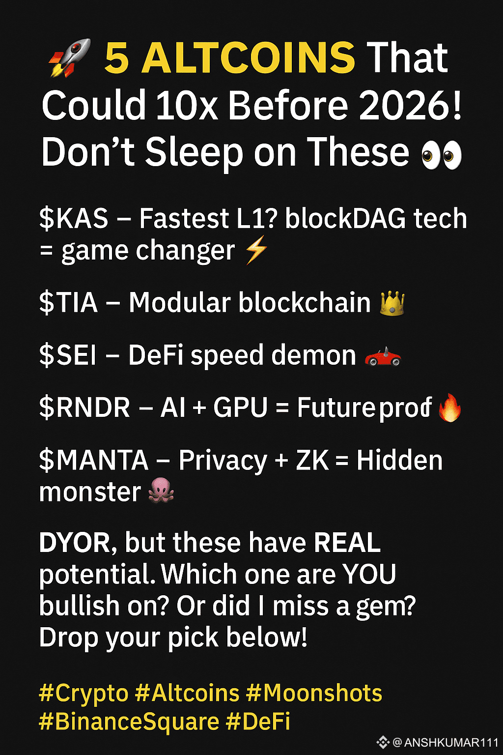 #altcoins 🚀 5 ALTCOINS That Could 10x Before 2026! Don’t S | AnshKumar1 on Binance Square