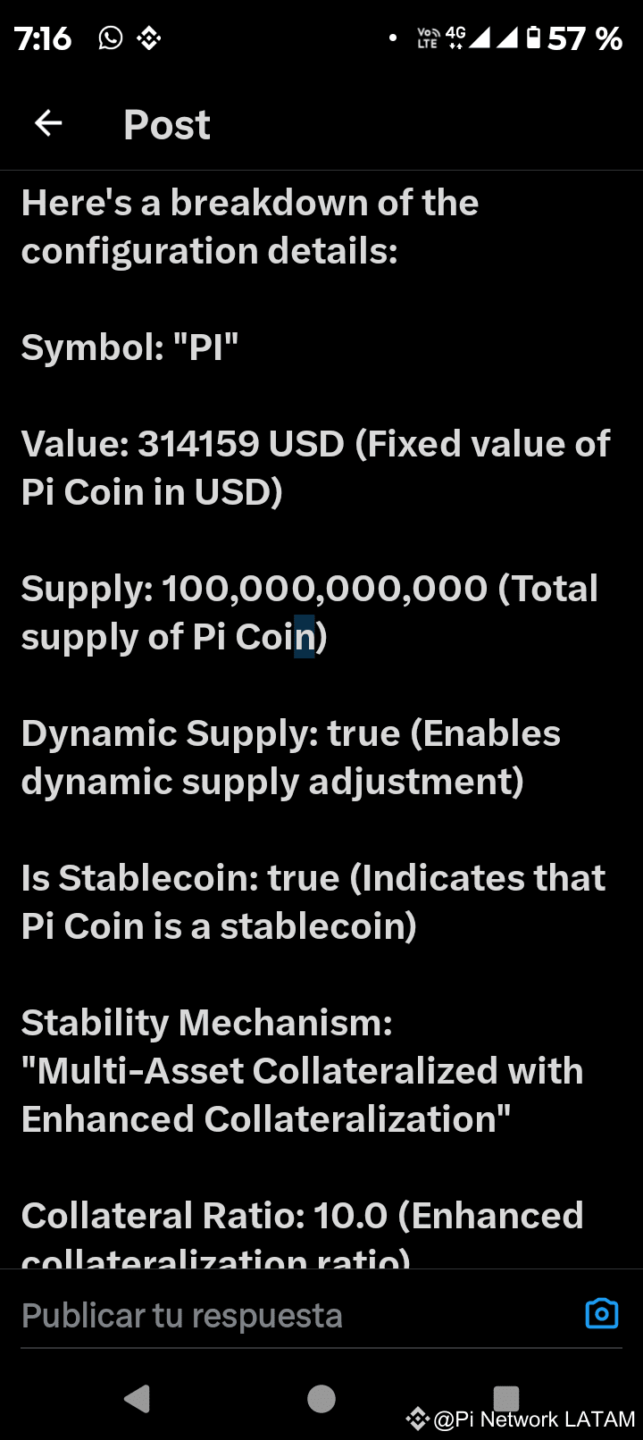 This configuration outlines Pi Coin as a stablecoin with a f | Pi Network LATAM on Binance Square