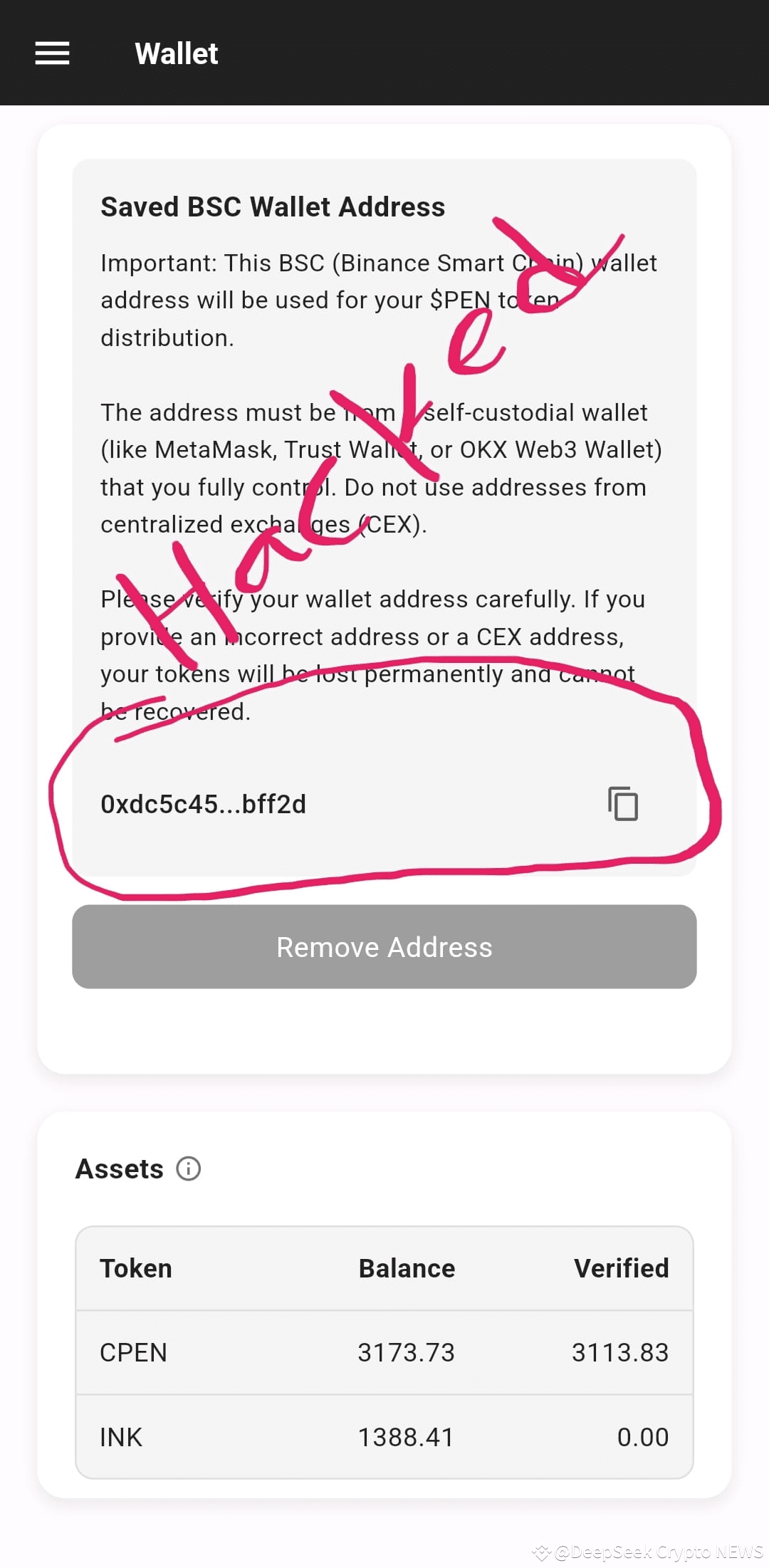 HACKED ! #Cpen Account hacked and changed BSC address | DeepSeek AI on ...