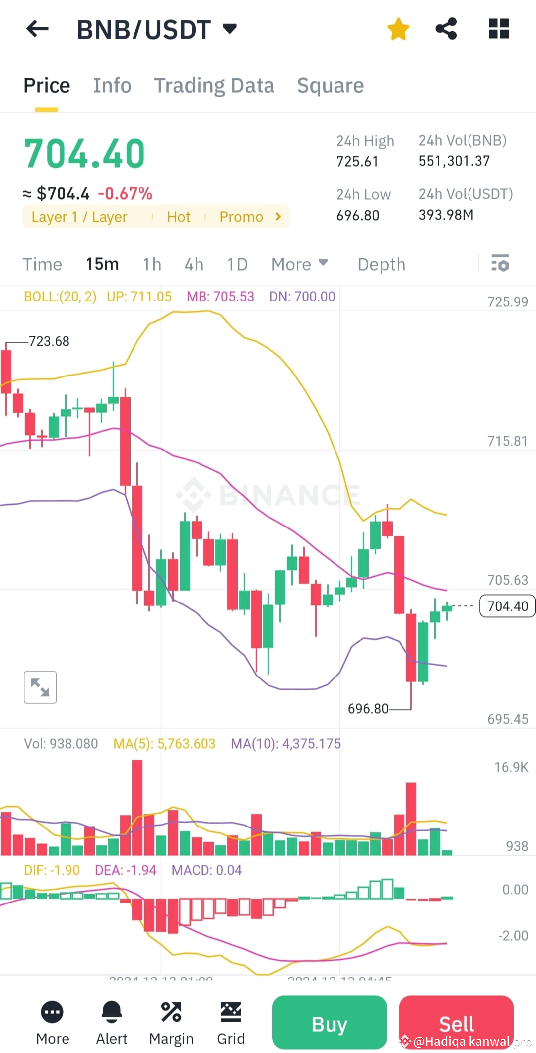 The $BNB /USDT chart reflects a current price of $704.40, sh | Hadiqa ...