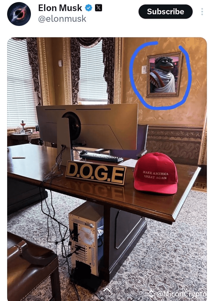 Elon Musk posts his DOGE office with PEPE frame been spotted ...