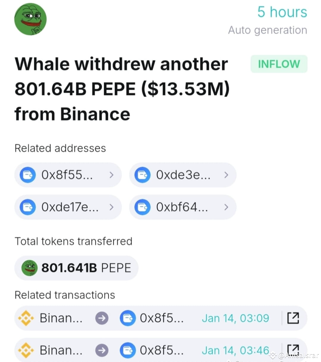 A whale has withdrawn an additional 801.64 billion $PEPE tok | AnisaIsrar on Binance Square