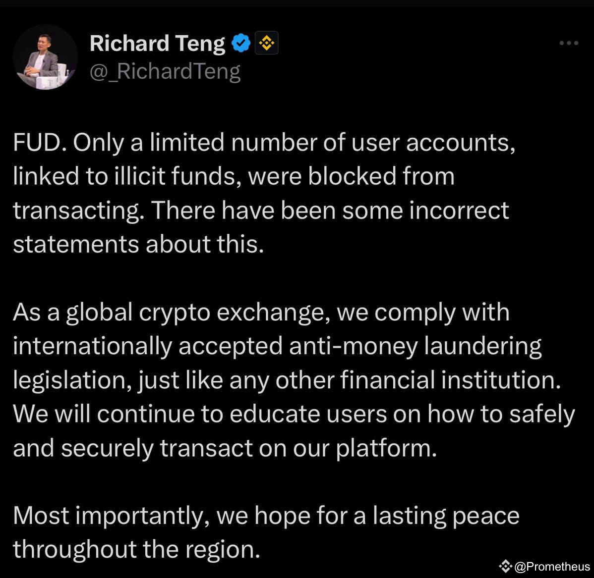 Binance CEO Denies Rumors of Global Freezing of Palestinian | Prometheus on Binance Square