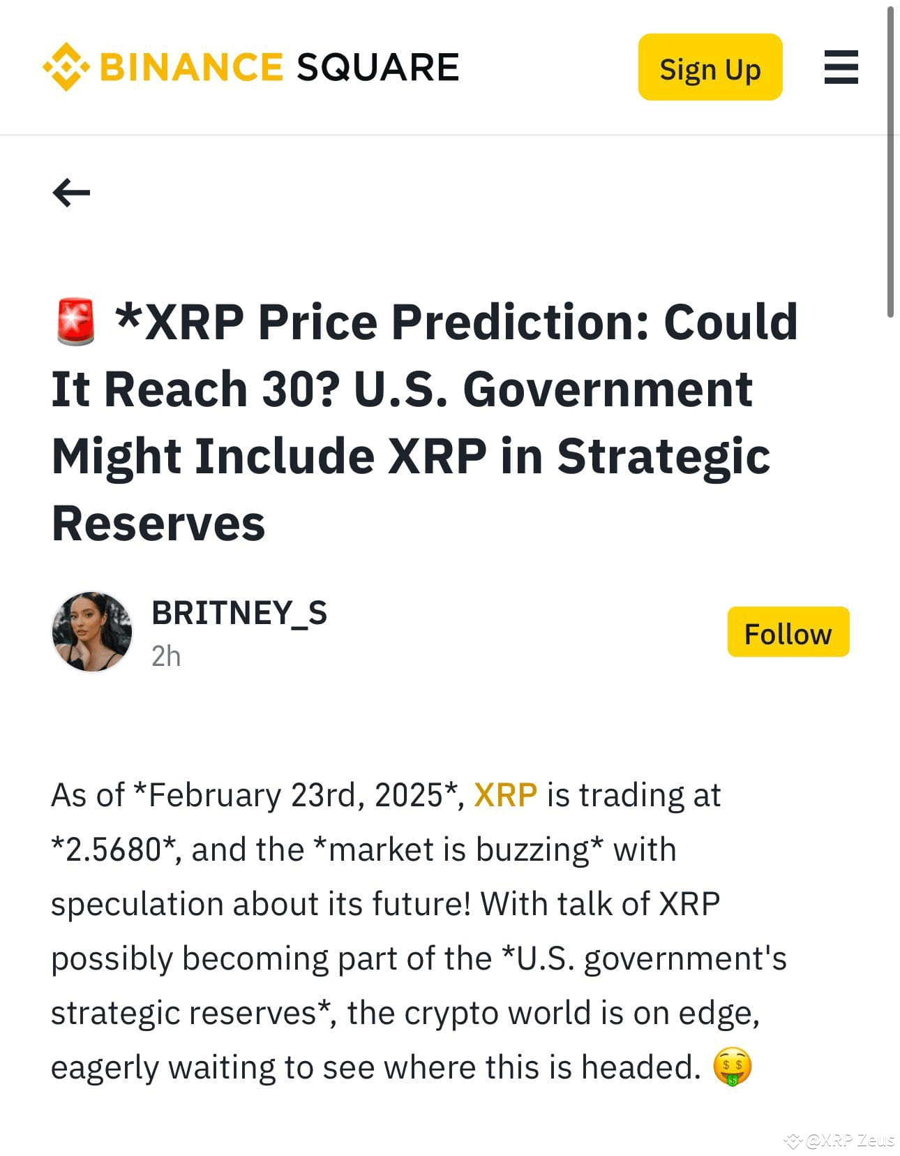 🚨 BREAKING 🚨 BINANCE PUBLISHES ARTICLE CONFIRMING $XRP CO | XRP Zeus on Binance Square